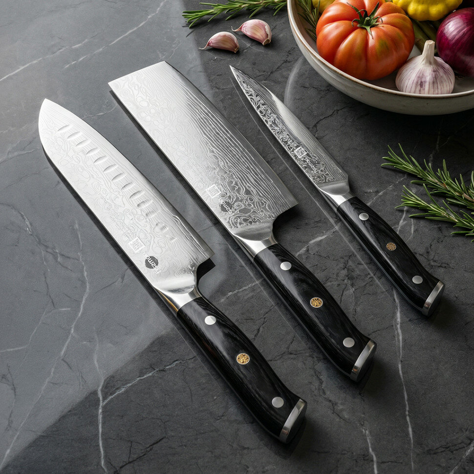 2783 FISSMAN Набор ножей 3 пр. LEGEND STEEL (X50CrMoV15 сталь) Сантоку, Тапорик Накири, Универсальный