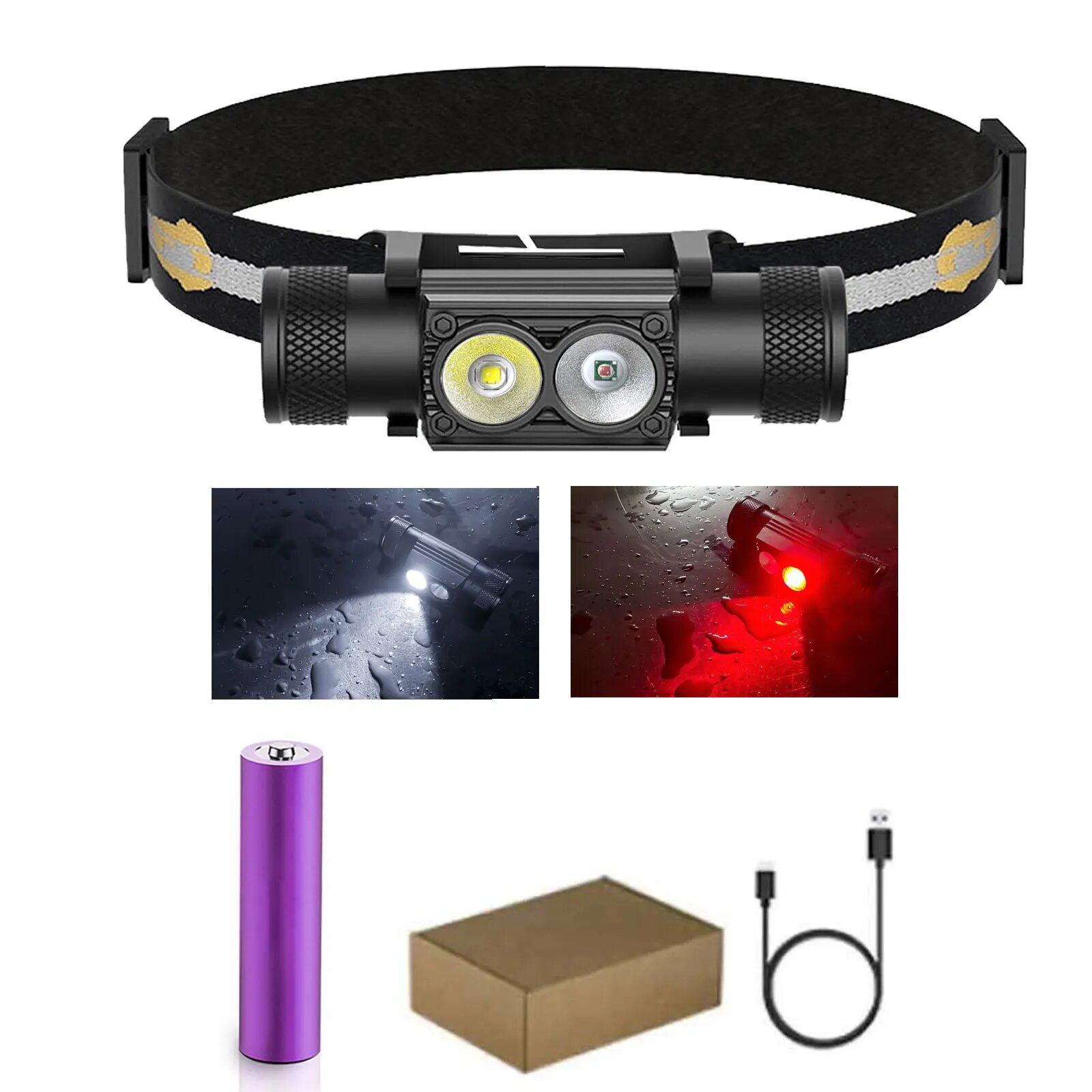 Мини-налобный фонарь LED белый/красный, 18650, USB Type-C
