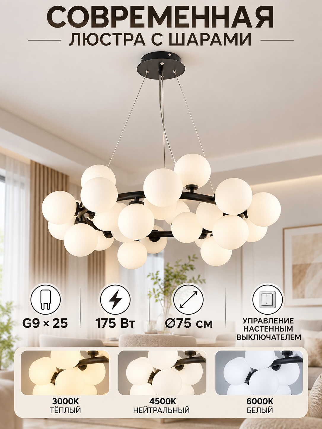 Светильник, подвесной светильник, 25 сферических абажуров, патрон G9-JC lighting