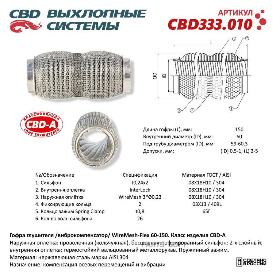 Гофра глушителя 60 x 150 повышенной гибкости WireMesh-Flex CBD CBD CBD333010 | цена за 1 шт