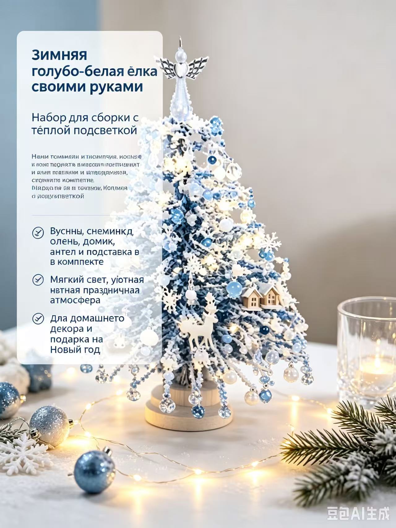 Набор для сборки мини‑рождественской ели своими руками, бело‑голубой новогодний декор с тёплой подсветкой