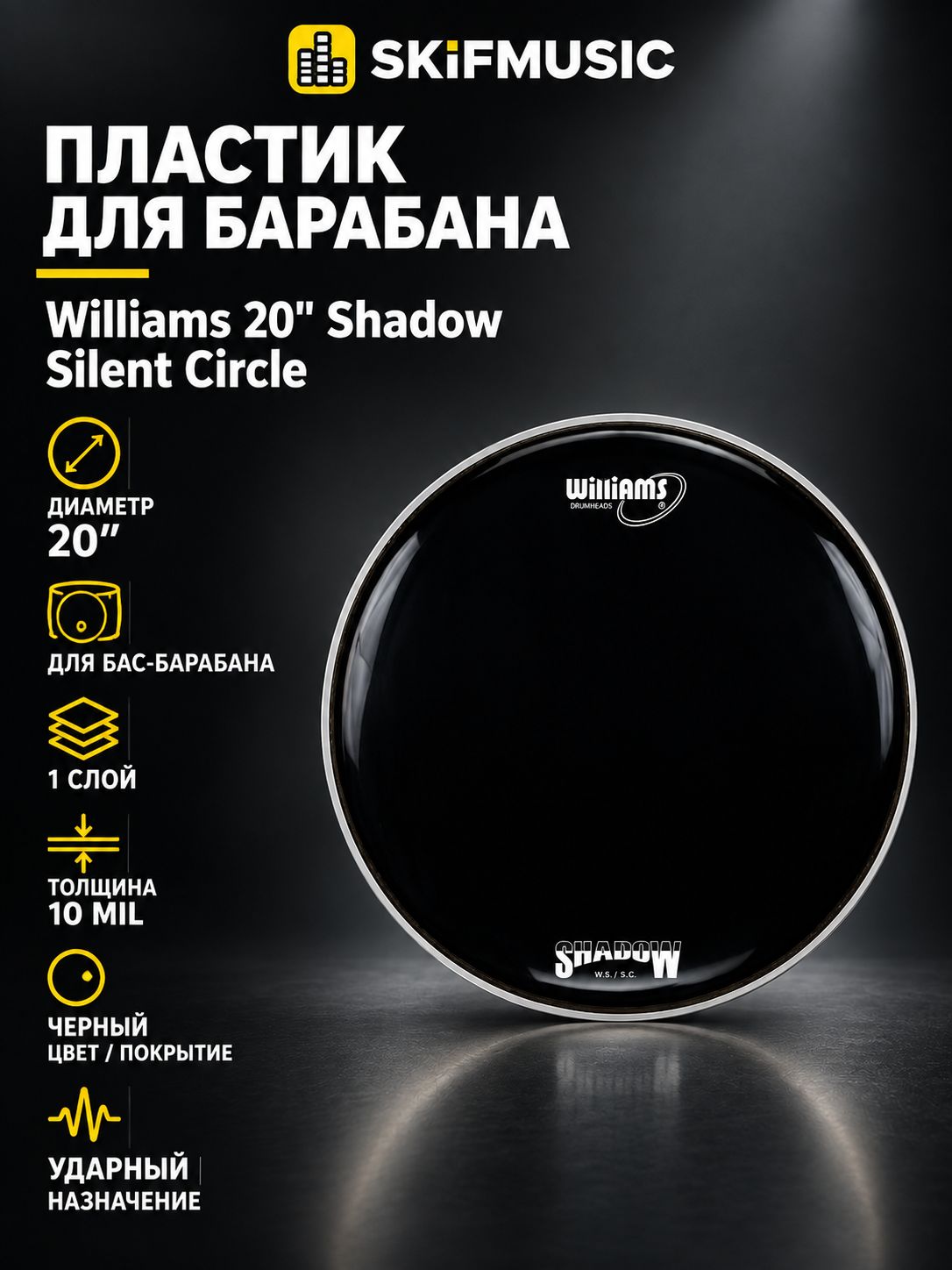 Пластик для барабана Williams 20" Shadow Silent Circle