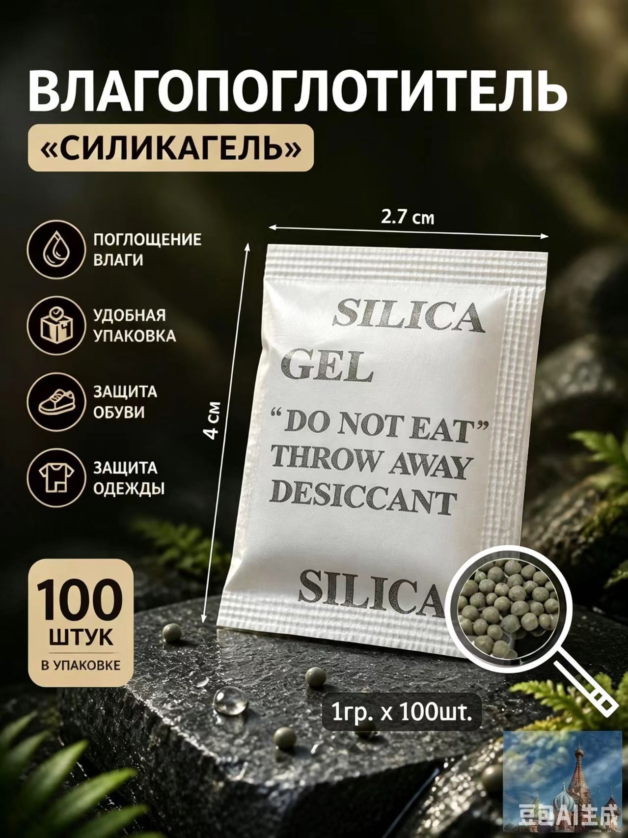 Силикагель в пакетиках влагопоглотитель для обуви 100 шт гранулы.