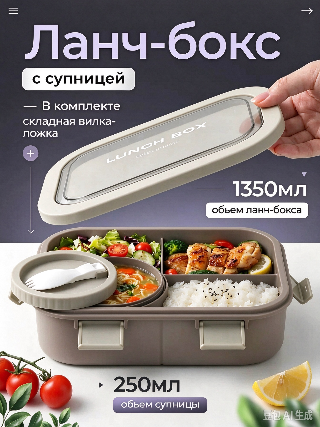 Ланч-бокс 1350 мл с супницей 250 мл, герметичный контейнер для обеда с вилкой-ложкой