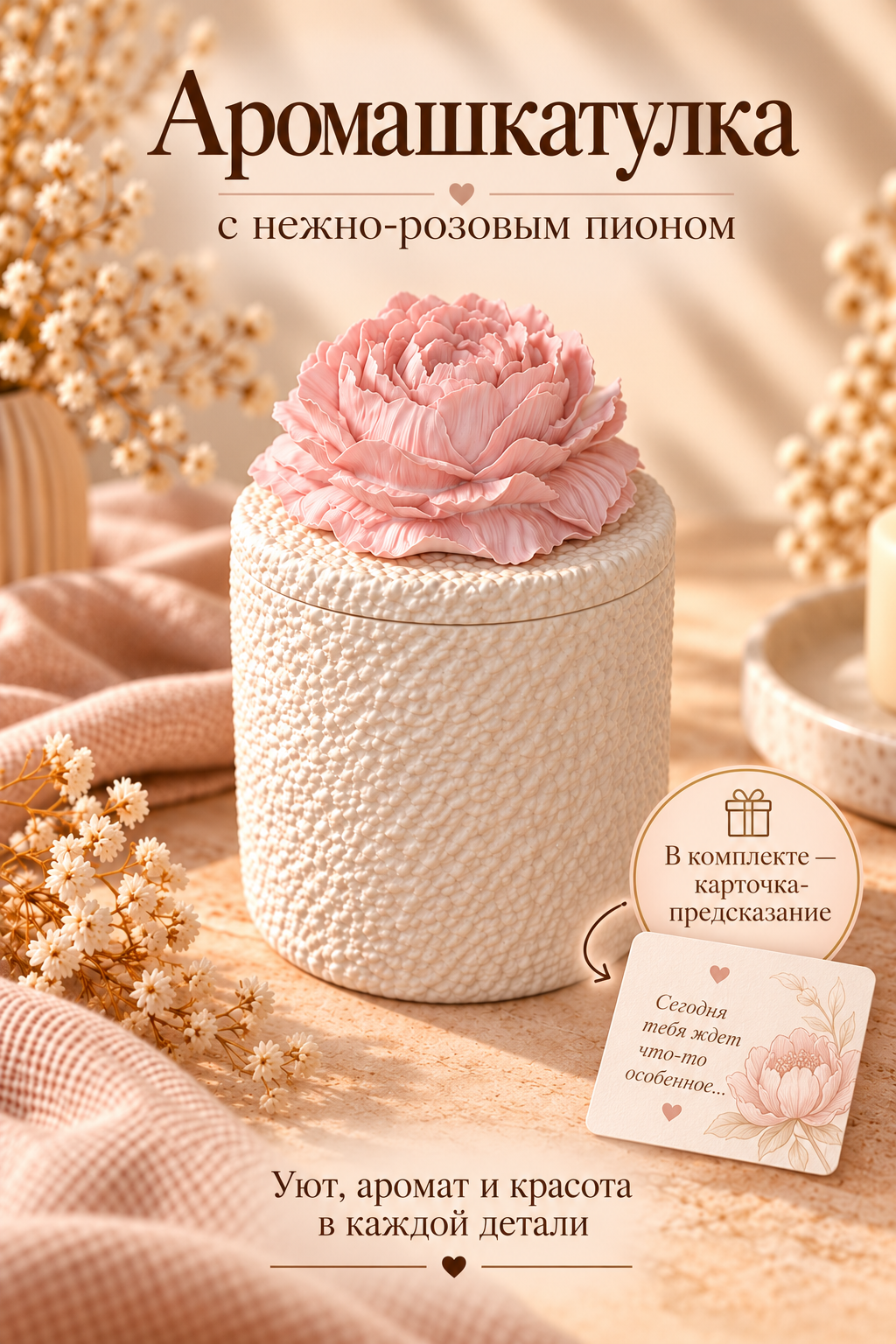 Гипсовая аромашкатулка с пионом, для украшений и мелочей, ароматическое саше
