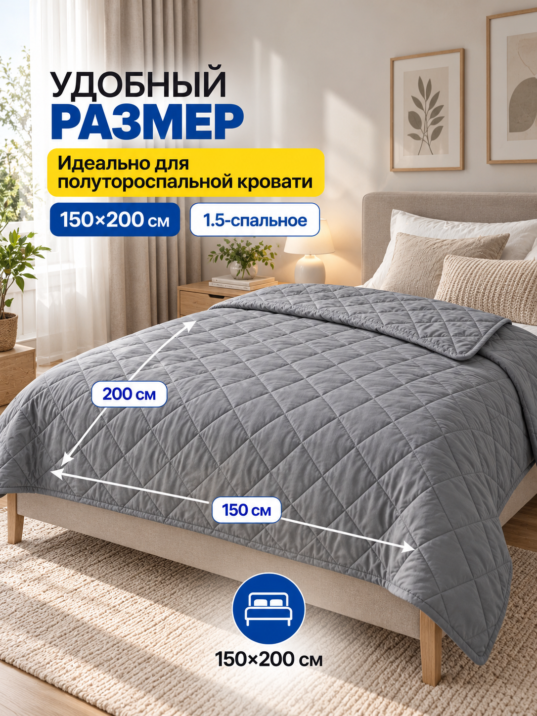 Одеяло IKEA стеганое, гипоаллергенное Серое брокфункия 150х200 см, BROKFUNKIA