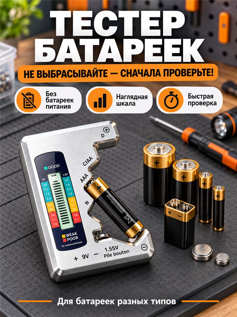 Тестер батареек, AA/AAA/C/D/9V, тестер для батареек, компактный измеритель напряжения