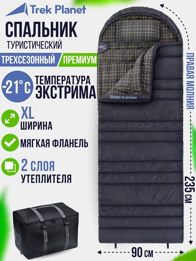 Спальный мешок зимний TREK PLANET Douglas XL Comfort, спальник туристический, правая молния, одеяло, цвет антрацит