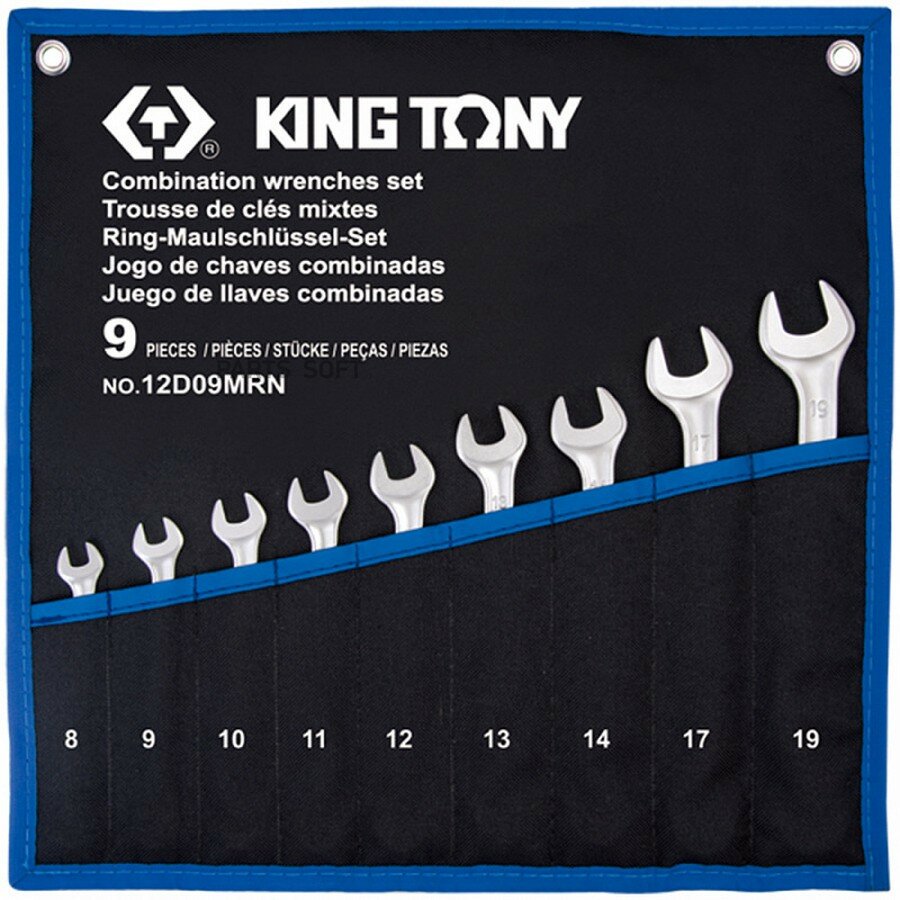 KING TONY Набор комбинированных ключей, 8-19 мм, чехол из теторона, 9 предметов от официального дистрибьютора, KING TONY, артикул 12D09MRN