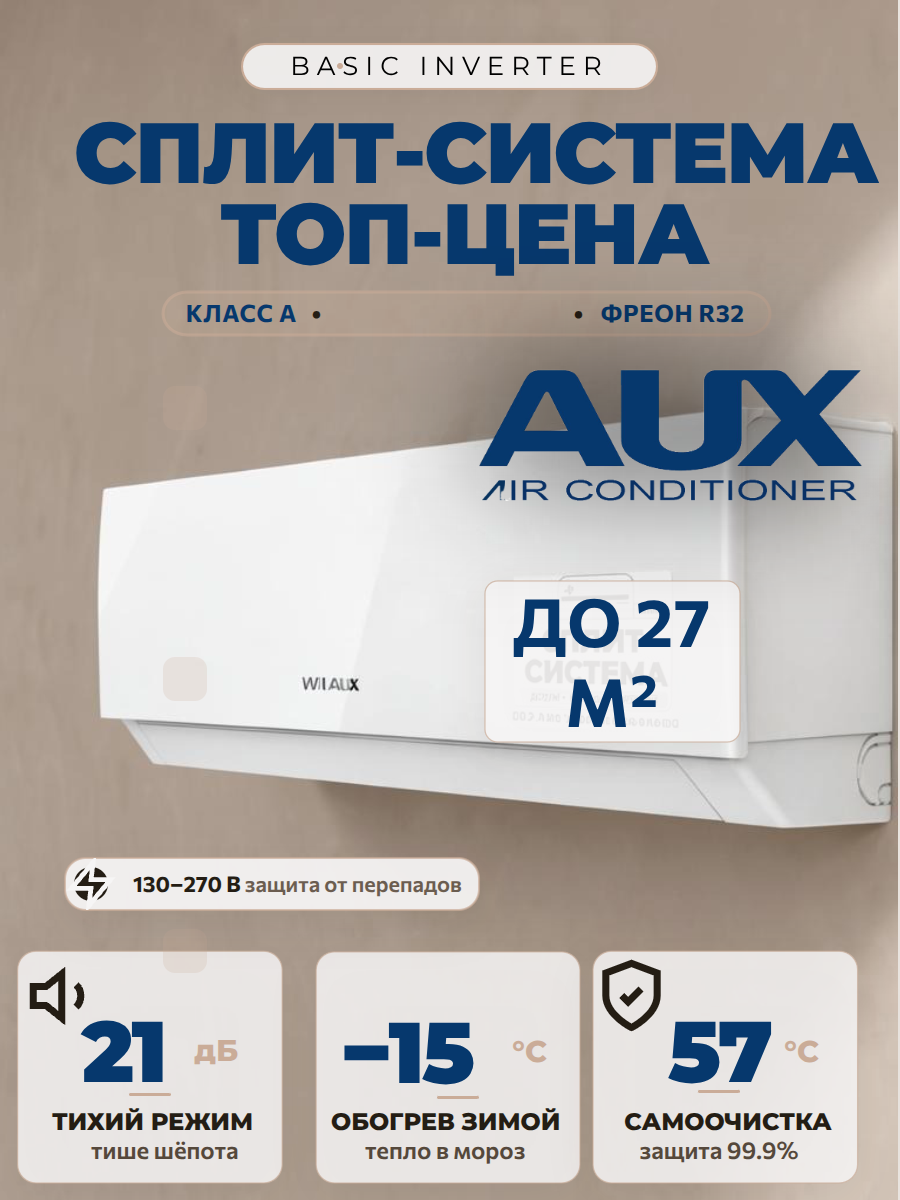 Сплит система AUX ASW-H09A4/CB-R2DI + AS-H09A4/CB-R2DI BASIC, R 32, WI-FI, для 25 м
