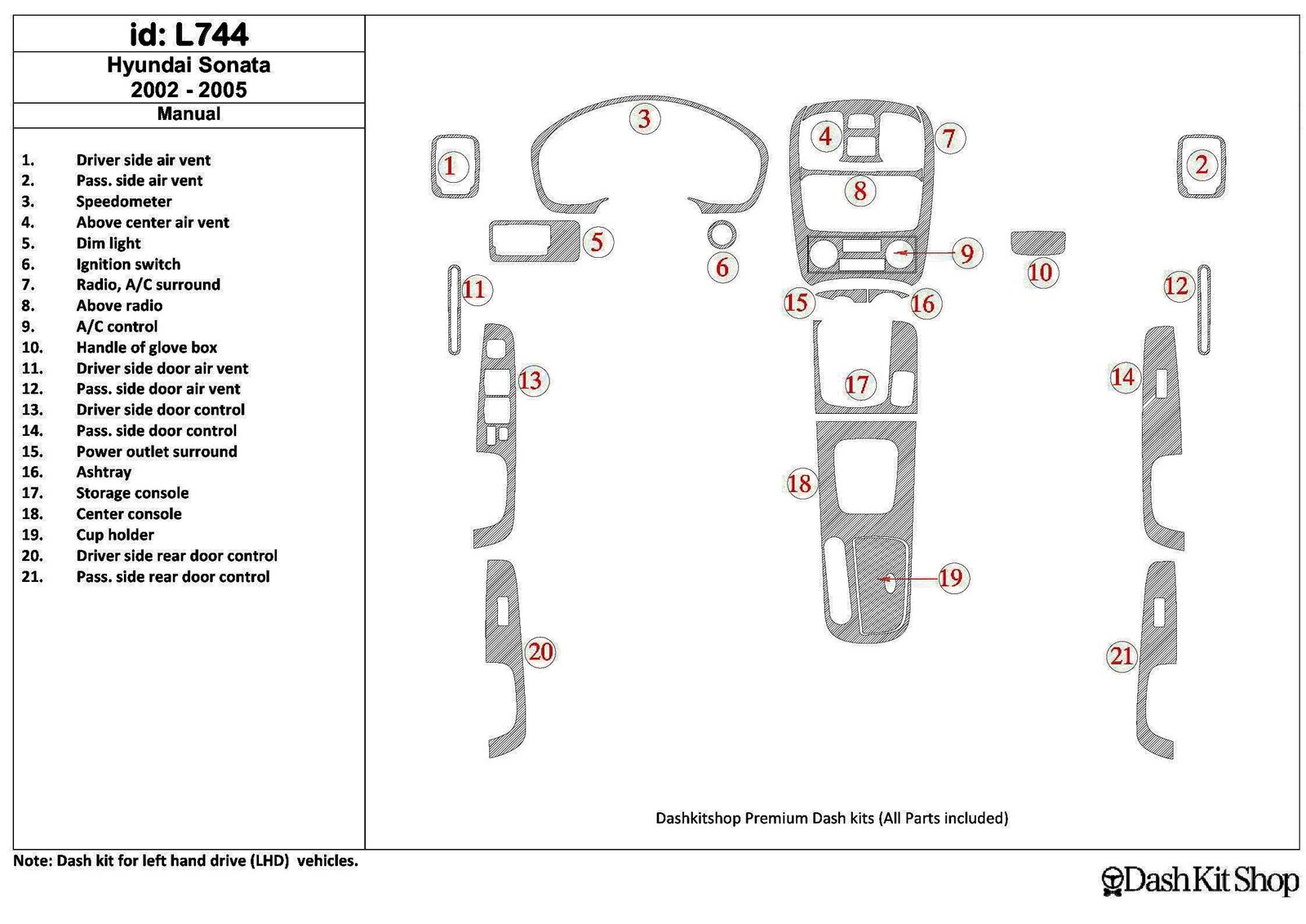 Декоративные накладки салона для Hyundai Sonata 2002-2005. Комплект L744.