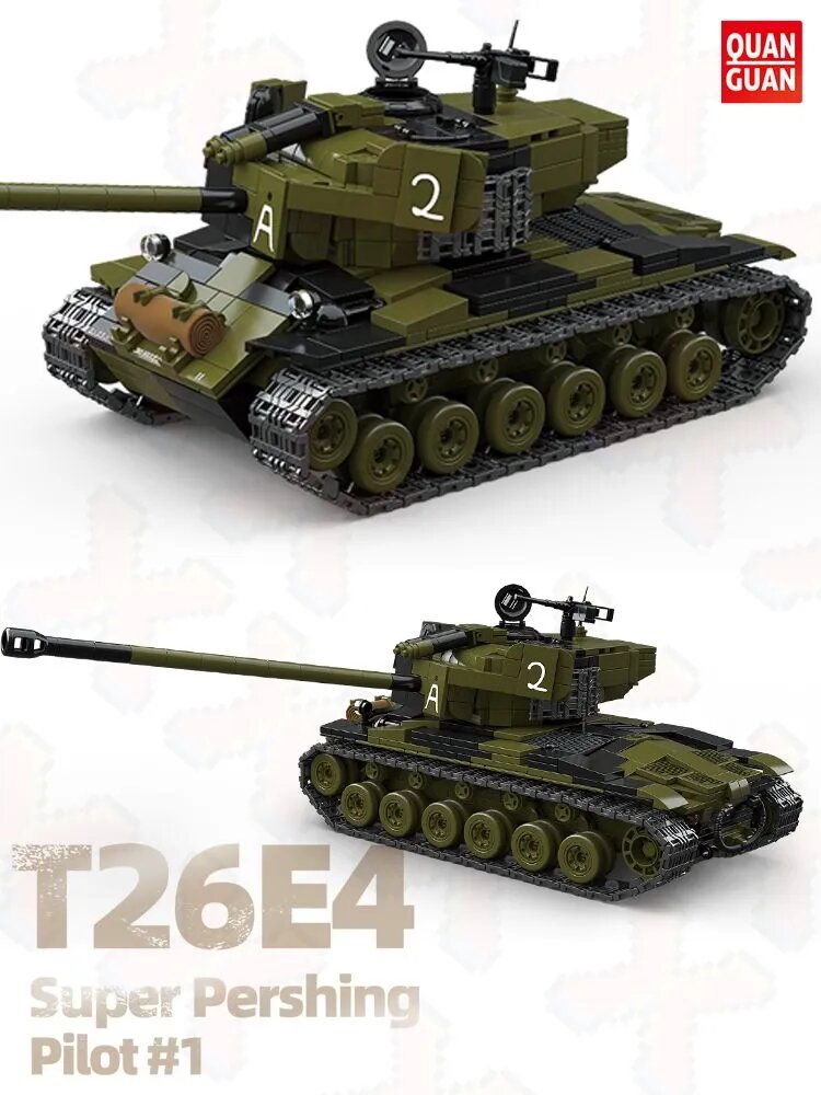 Конструктор Армия серия: Quan Guan 100304: Американская бронированная машина T26E4 Super Pershing Pilot#1 Tank - 1322 деталей, 1:28 Детский военный набор