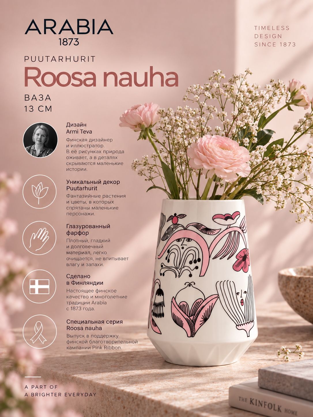 Ваза Arabia Finland Roosanauha , фарфор, 13 см.