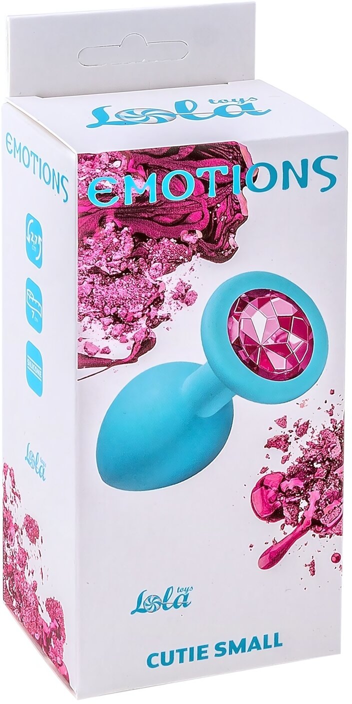 Анальная пробка "Emotions Cutie Small" с розовым кристаллом, голубой силикон, водонепроницаемая, размер 7х2,7 см