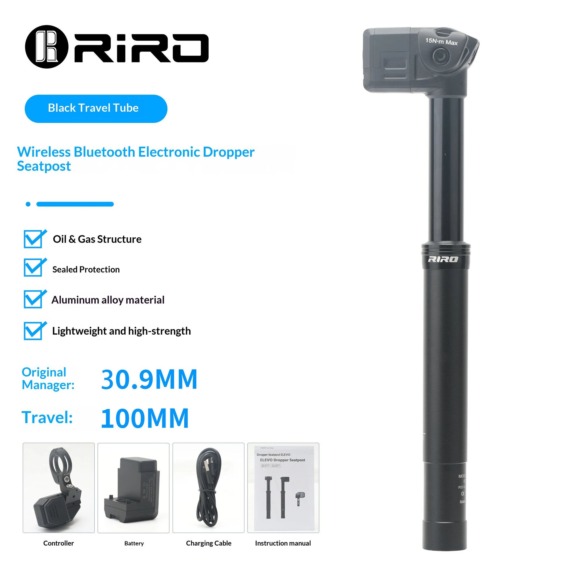 RIRO беспроводной электроподседельный штырь для эндуро, MTB и шоссейных 30.9MM-100MM-BLACK