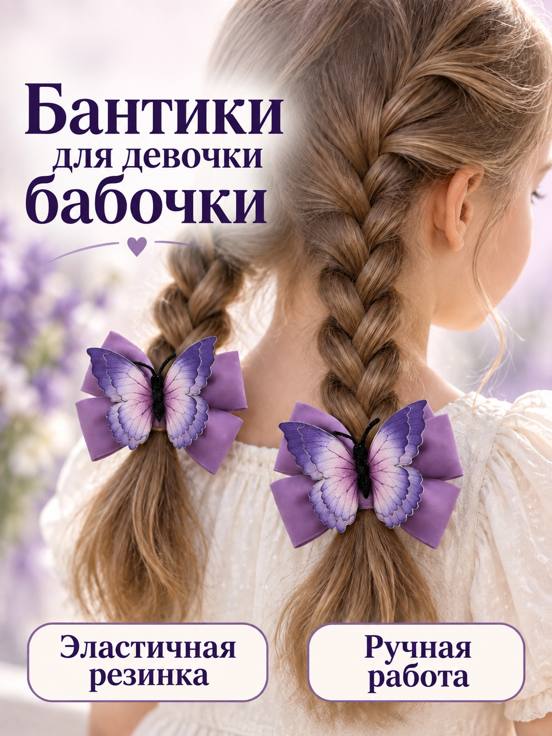 Резинки для волос с бантиками и бабочками для девочки Арт и Дизайн, фиолетовые, 3 см, 2 шт