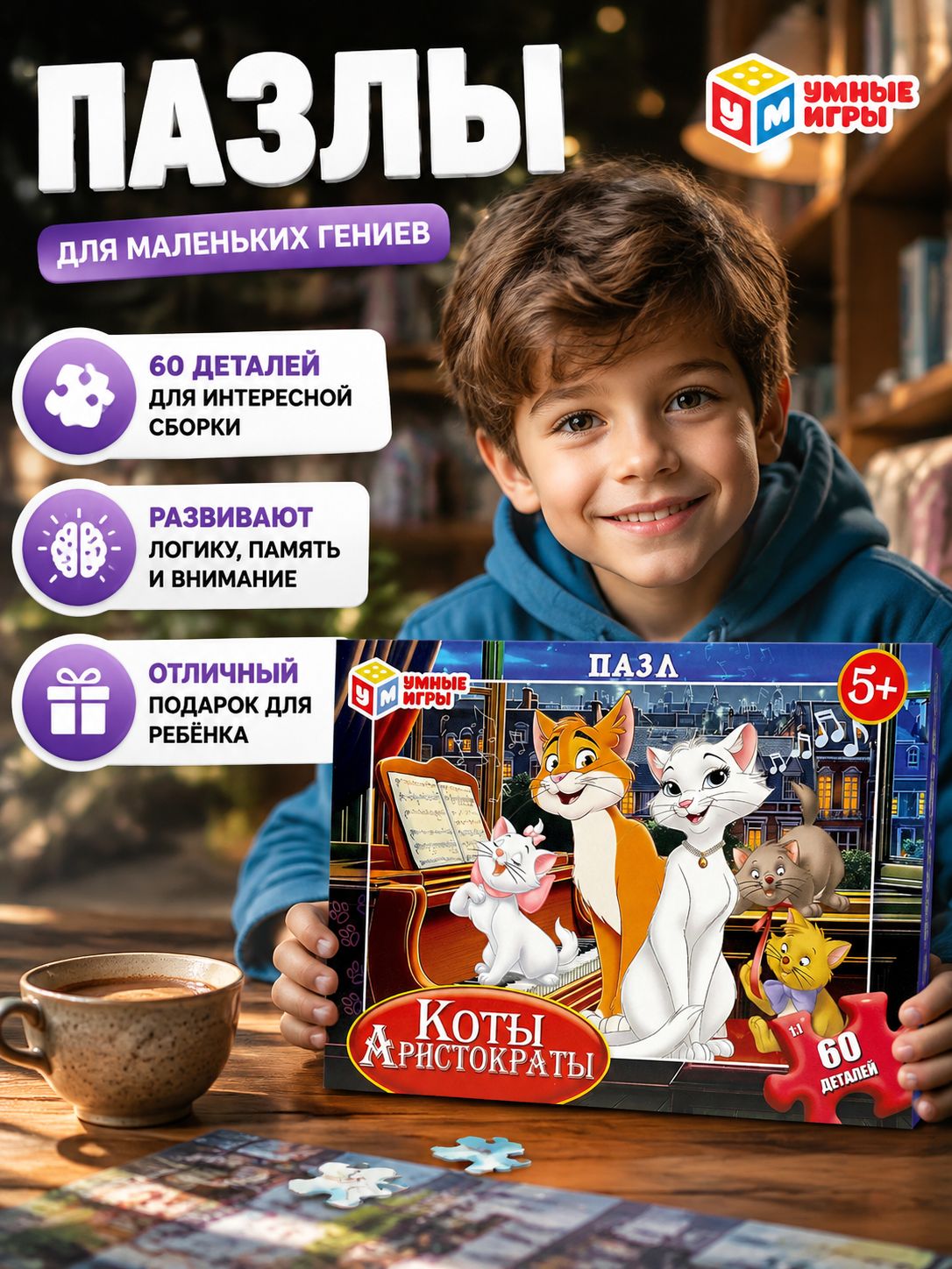 Пазлы для детей Коты 60 деталей, Умные игры