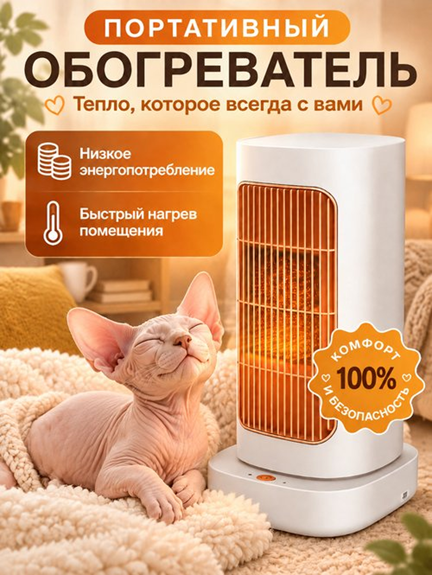 Керамический электрический обогреватель для дома и офиса, быстрый нагрев 3 секунды, поворот 90°, тихий 45 дБ