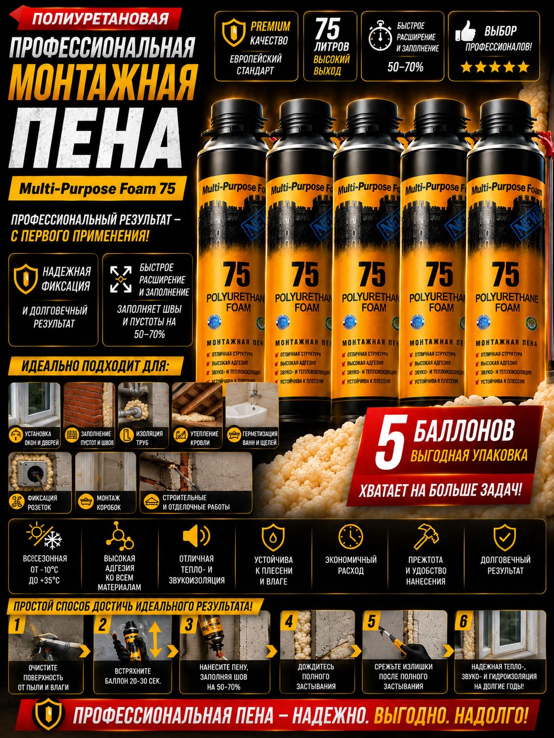 Пена монтажная для пистолета/профессиональная строительная пена под пистолет/ (2в1)всесезонная с выходом до 75 литров готового продукта, 750 мл, 5шт.