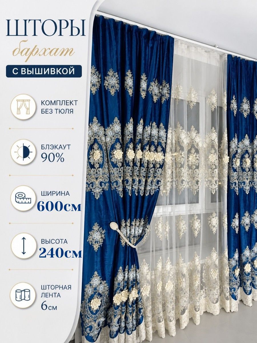 Шторы бархат с вышивкой 600х240 см синие