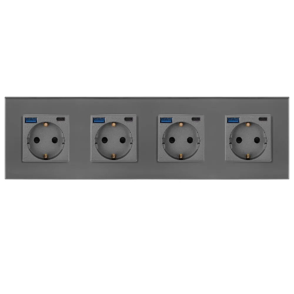 Розетка электрическая четырехпостовая с USB и type-C входами, в стандартный подрозетник, рамка закаленное стекло Серый