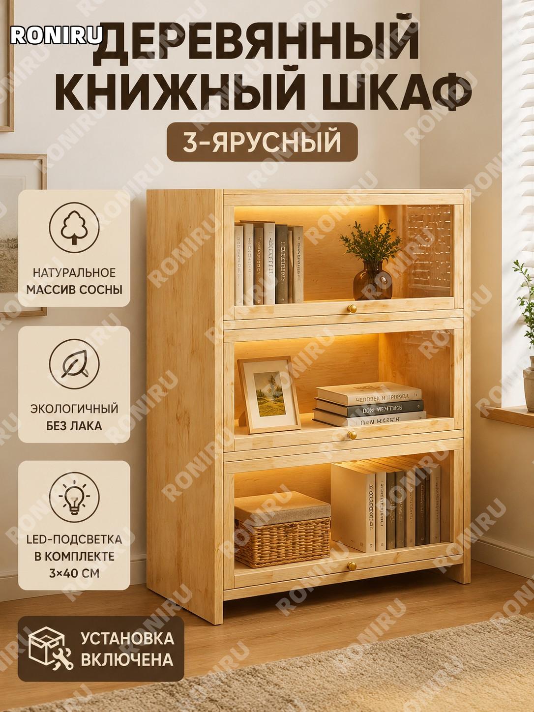 Стеллаж книжный из дерева 3 яруса 60×28×100 см, сосна без лака, 3 световые ленты 40 см в комплекте для дома и дачи