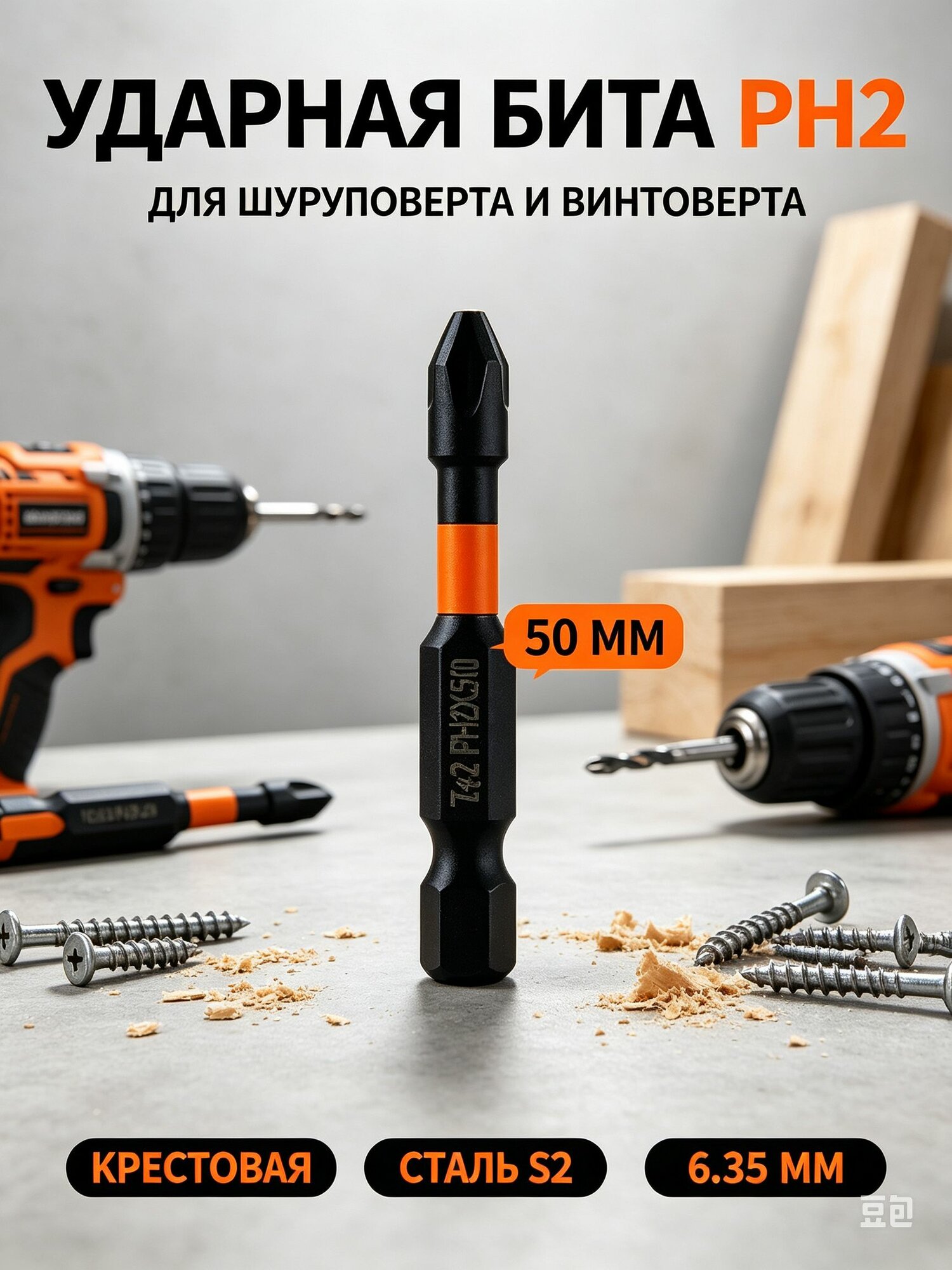 Биты для шуруповерта с магнитным ограничителем PH2x50мм