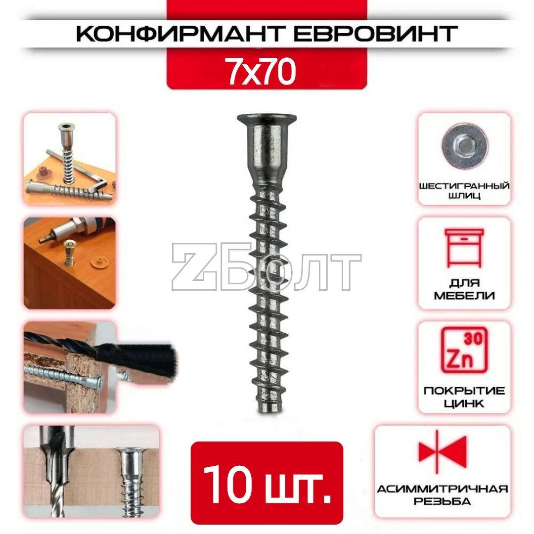 Конфирмат, 7х70 мм, мебельный винт (евровинт) zболт, 10 шт.