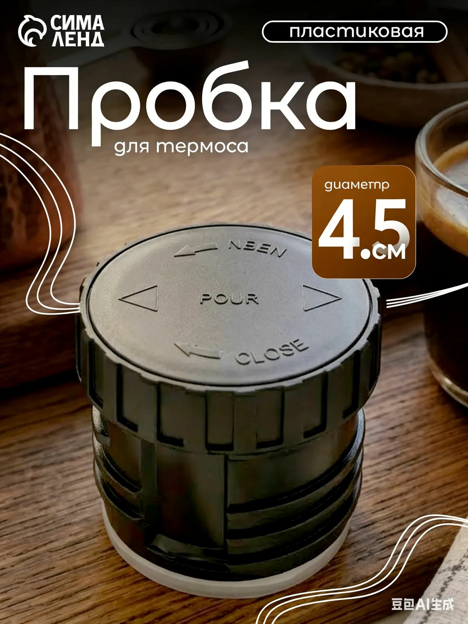 Пробка для термоса, диаметр 4.5 см, винтовая крышка для термокружки 350-500 мл, с силиконовым уплотнителем, черная