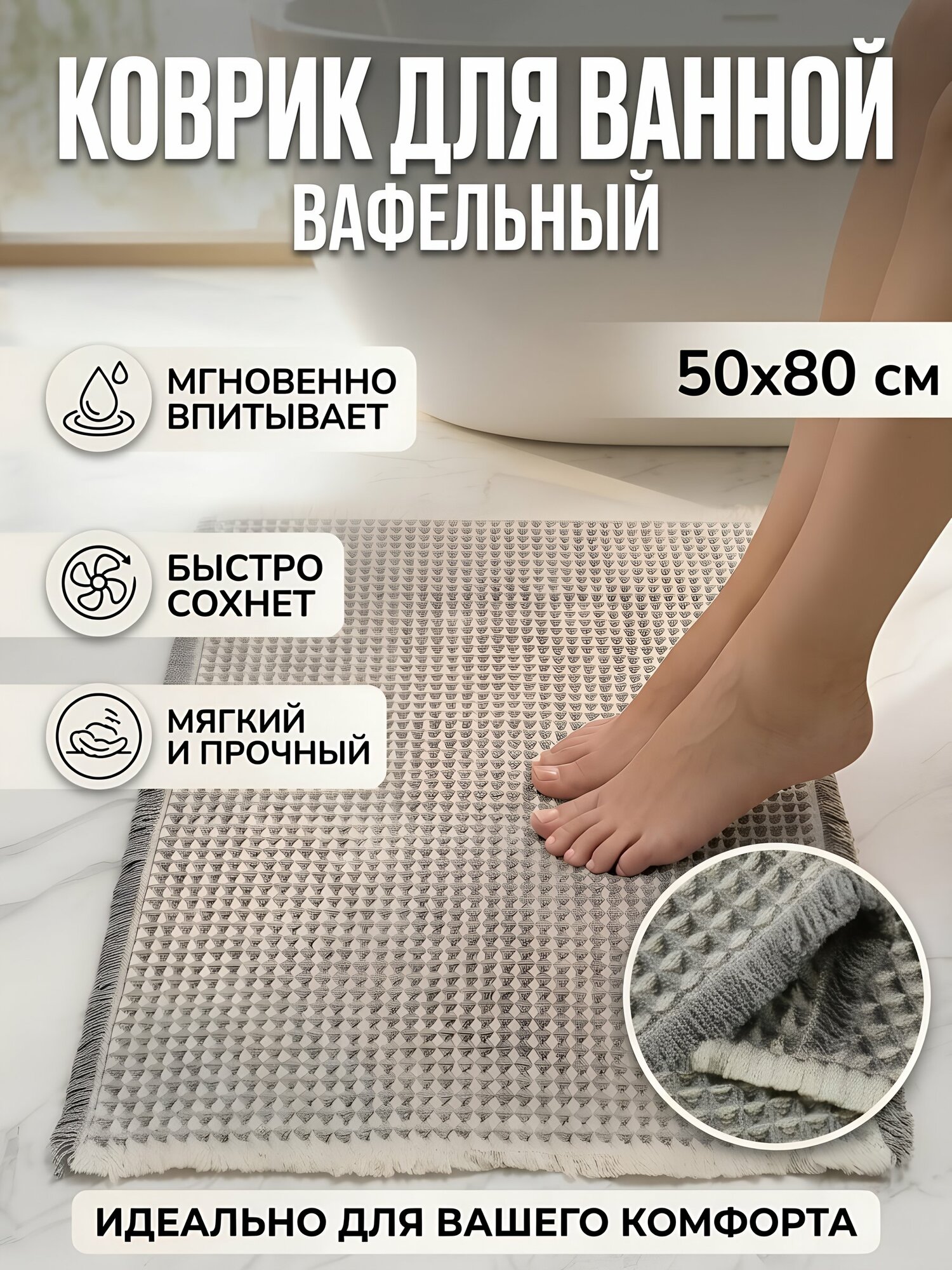 Влаговпитывающий коврик для ванной и туалетной комнаты Silvano Вафельный 50х80 см, серый