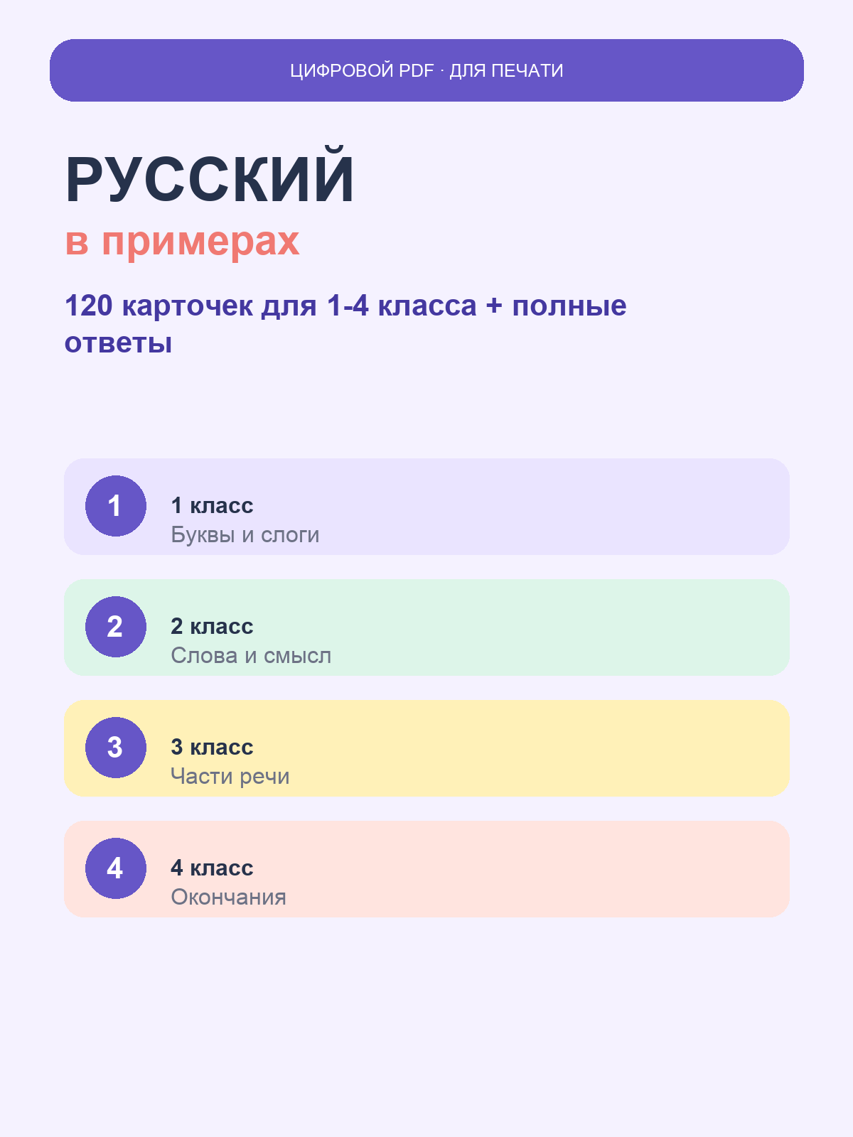 Русский в примерах: 120 карточек 1–4 класс + ответы, цифровой PDF A4