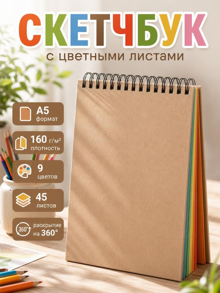 Скетчбук с цветными листами для рисования А5 160 г/м2