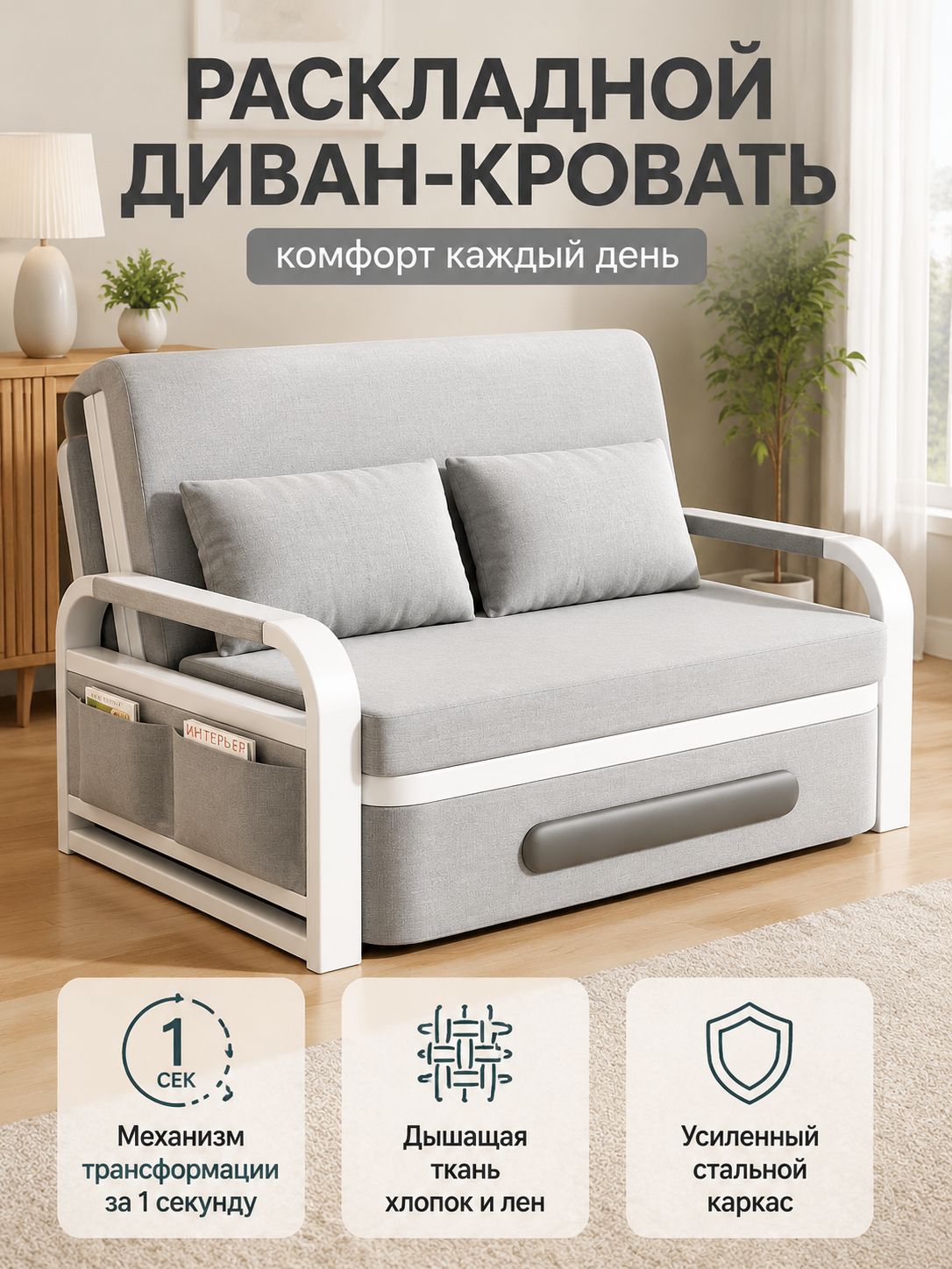 Раскладной диван-кровать с ящиком, 82 см, светло-серый, белый каркас, латексный матрас