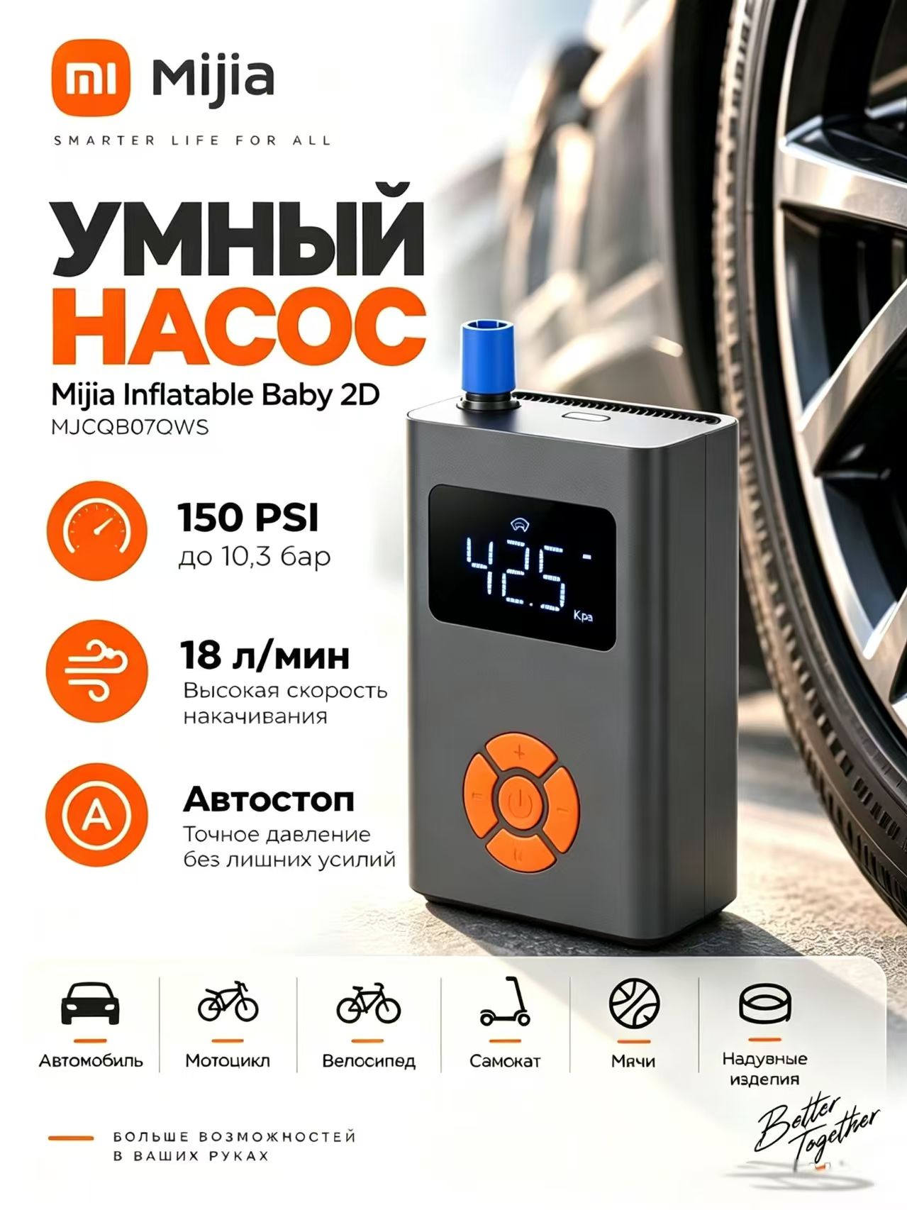 Насос портативный Mijia Electric Air Pump 2D (MJCQ807QWS), аккумуляторный, черный