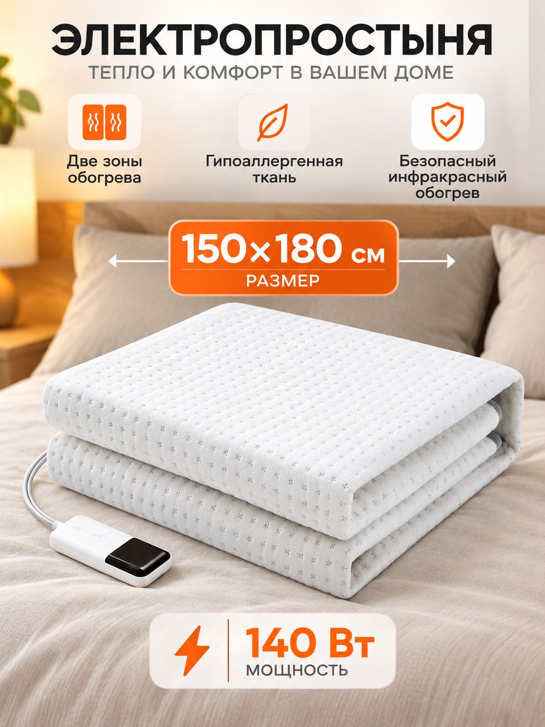 Электропростыня 150x180 см, 140 Вт