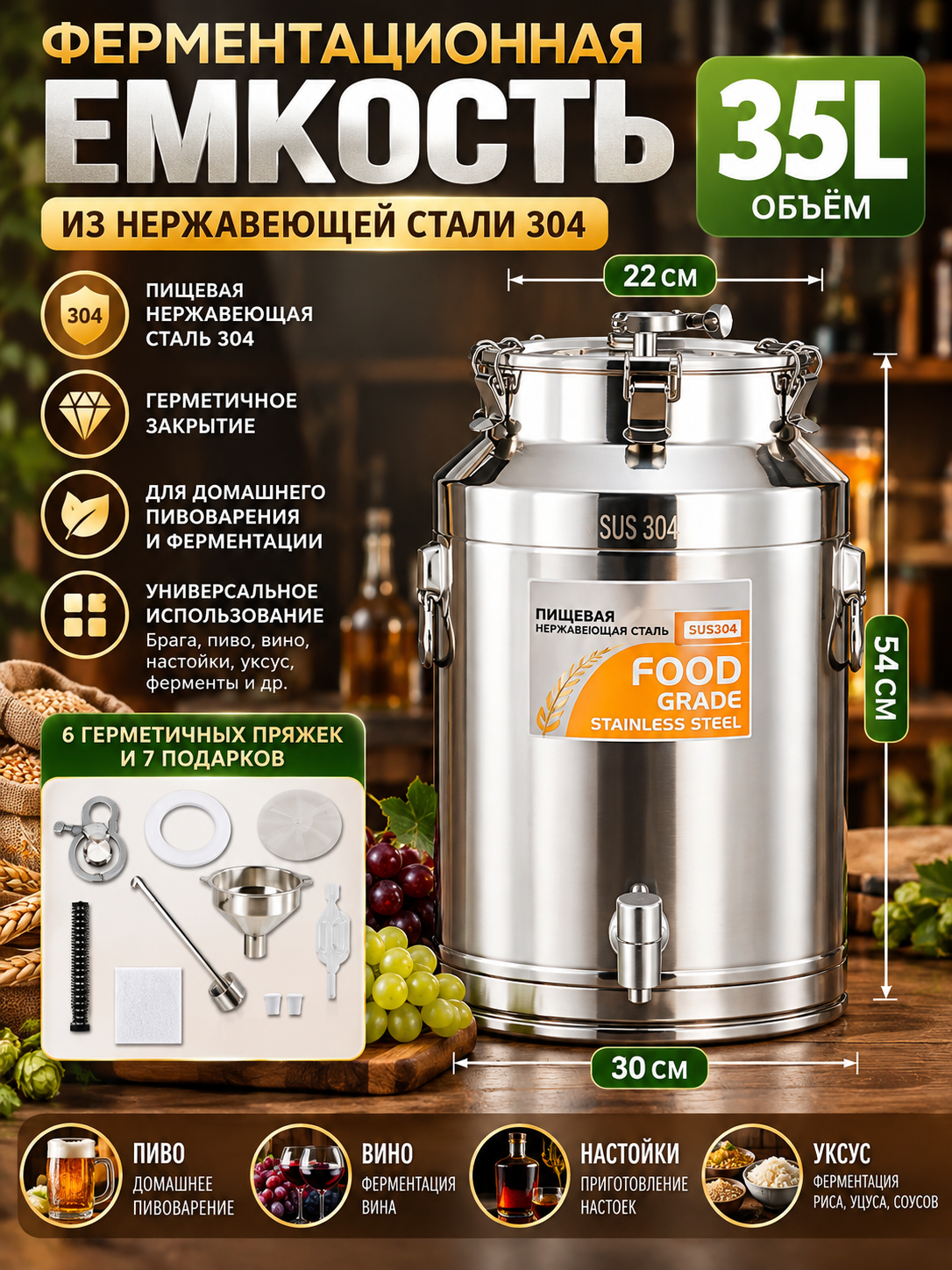 Пивоварня, Бак для брожения, 35 л, нержавеющая сталь SUS304, с краном и герметичной крышкой, для пива и вина