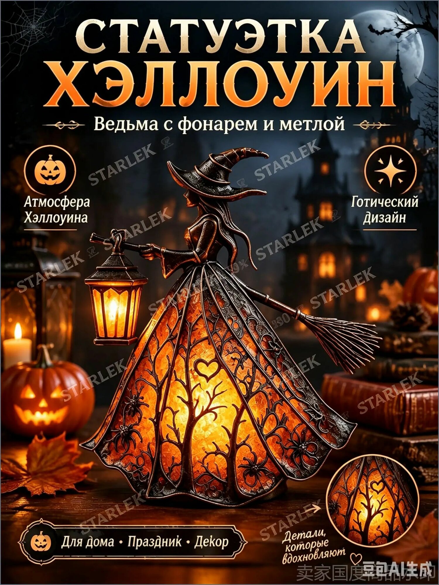 Статуэтка на Хэллоуин ведьма с фонарем и метлой, готическое украшение для дома, мистический подарок
