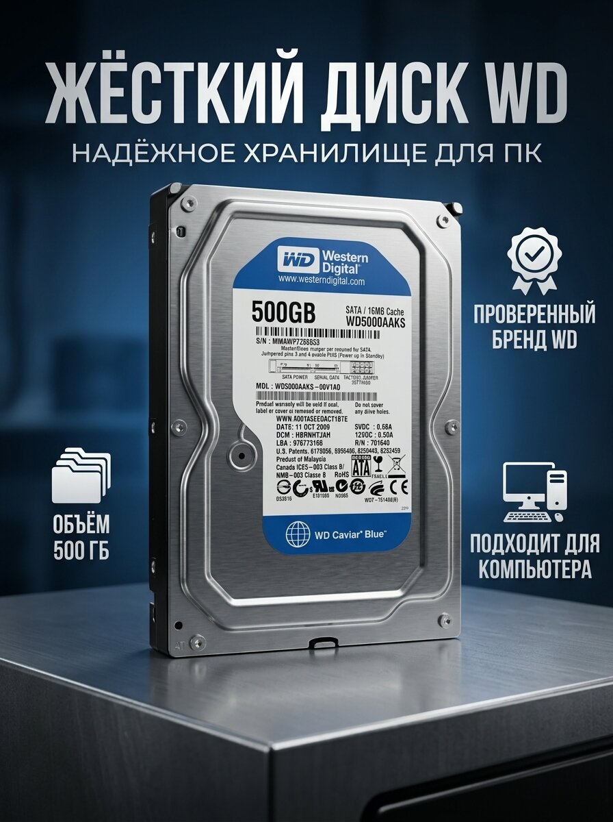 Жесткий диск для компьютера Western Digital WD Blue WD5000AAKX, 500ГБ, HDD, SATA III, 3.5"