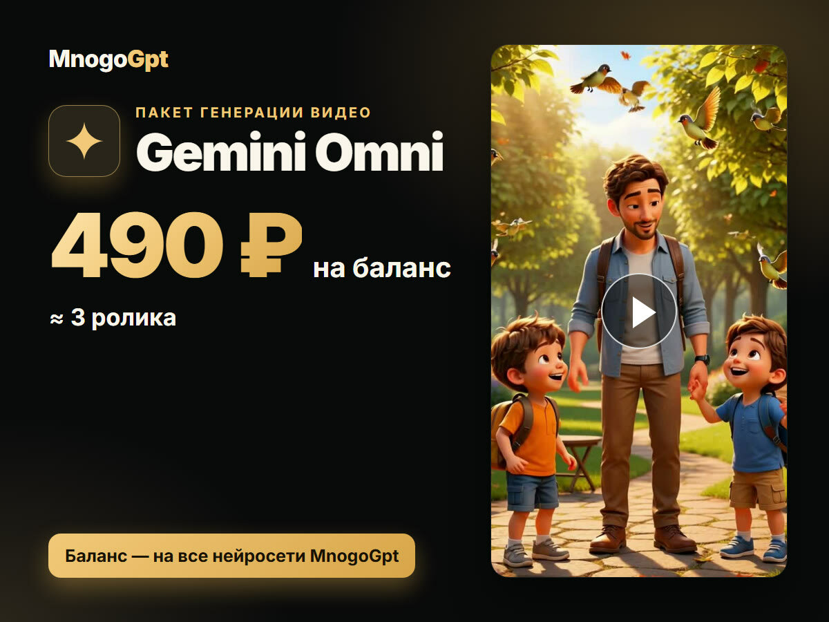 Оживить фото: нейросеть для видео Gemini Omni — без подписки, баланс 490 ₽ в кабинете MnogoGpt, ≈3 ролика