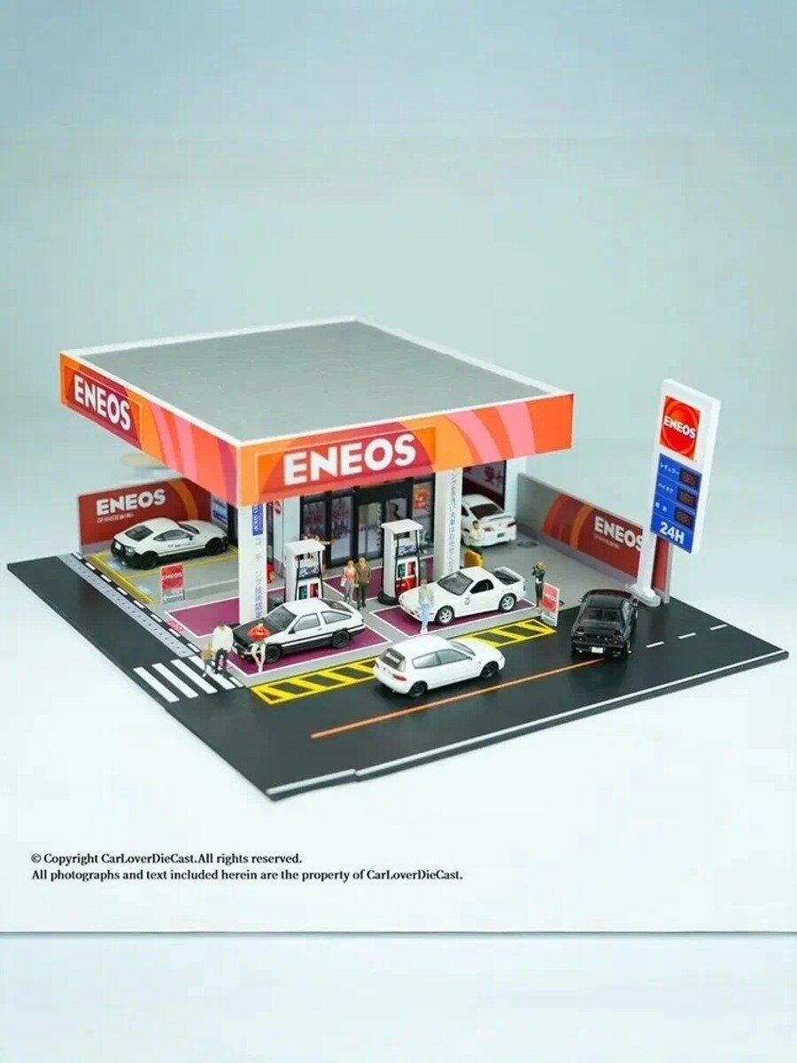 Машинка G-Fans 1/64 ENEOS Gas Station Building Scene Model Die-cast Alloy Car Model Collection Toy Gift