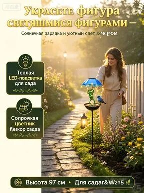 Кормушка для птиц садовая с лягушкой и зонтиком, на стойке - уличная кормушка для сада и дачи с солнечной LED-подсветкой, для клумбы, газона и участка
