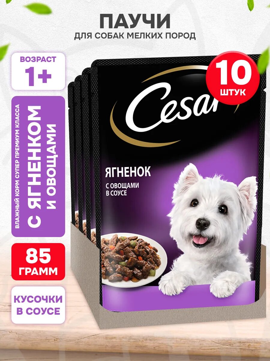 Корм влажный Cesar для взрослых собак мелких пород, ягненок и овощи в соусе, 85 г 10 шт