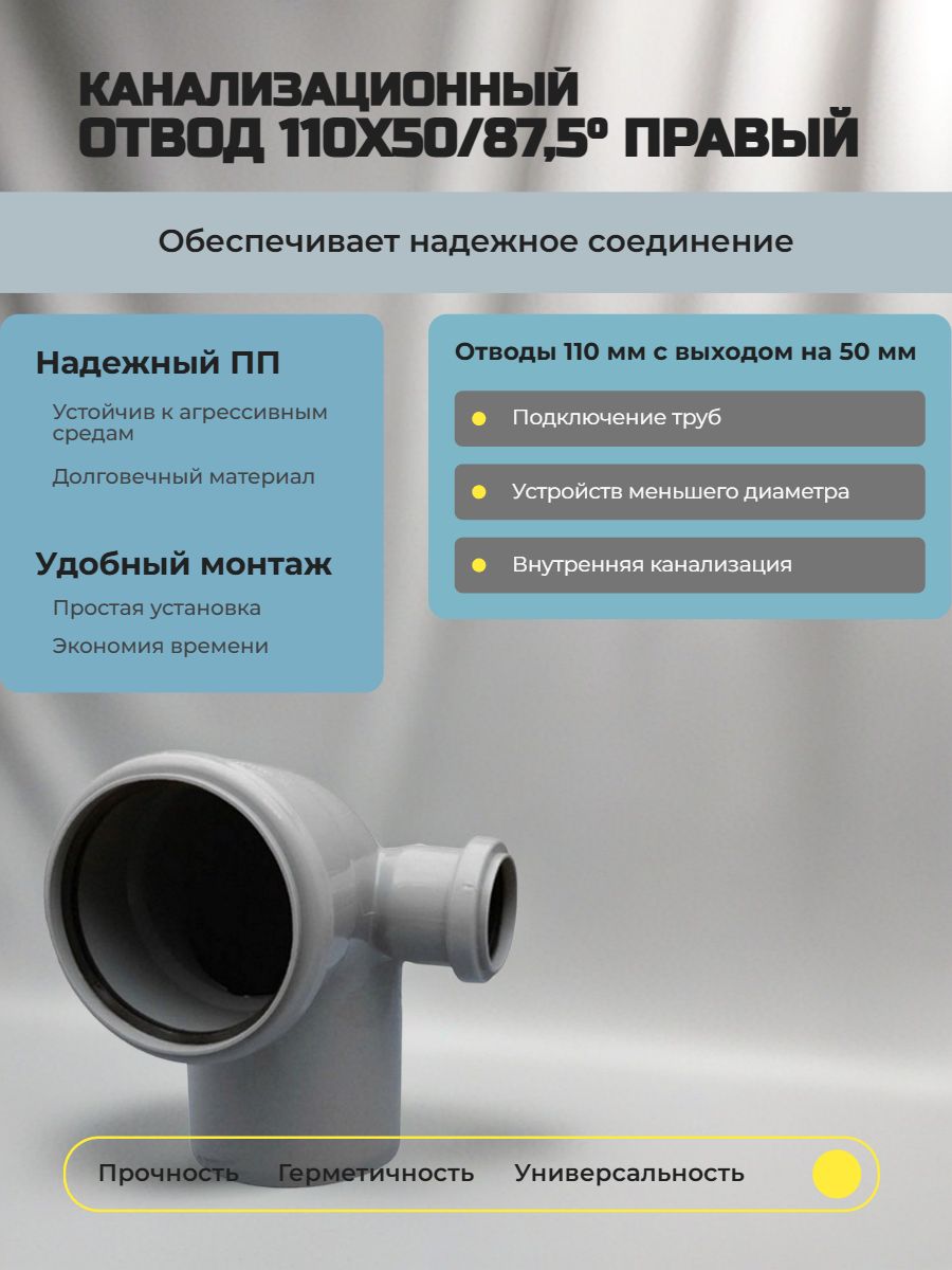 Отвод 110x50/87,5 правый канализационный Политэк