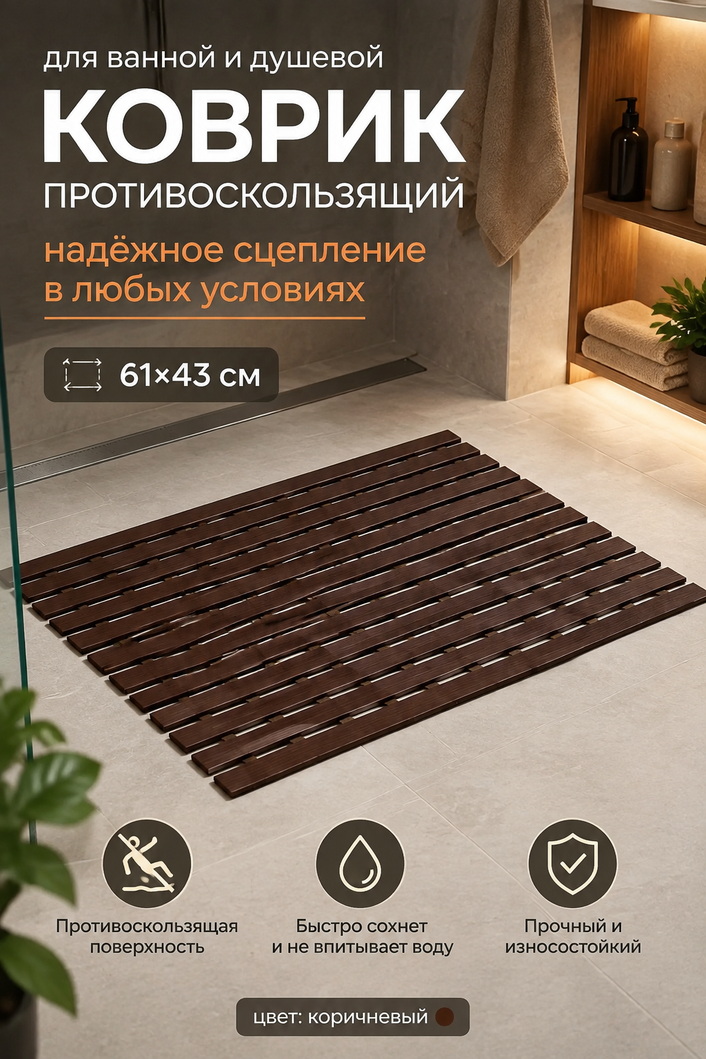 Коврик для ванной противоскользящий 61x43 см, коричневый, прямоугольный