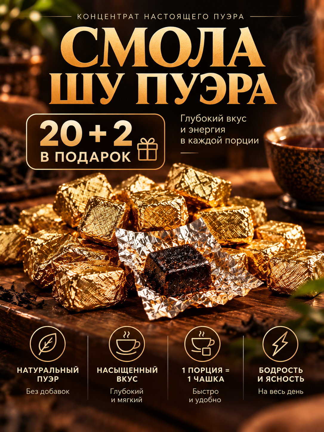 Чай Смола Шу Пуэра вместо кофе, премиум, китайский, для бодрости