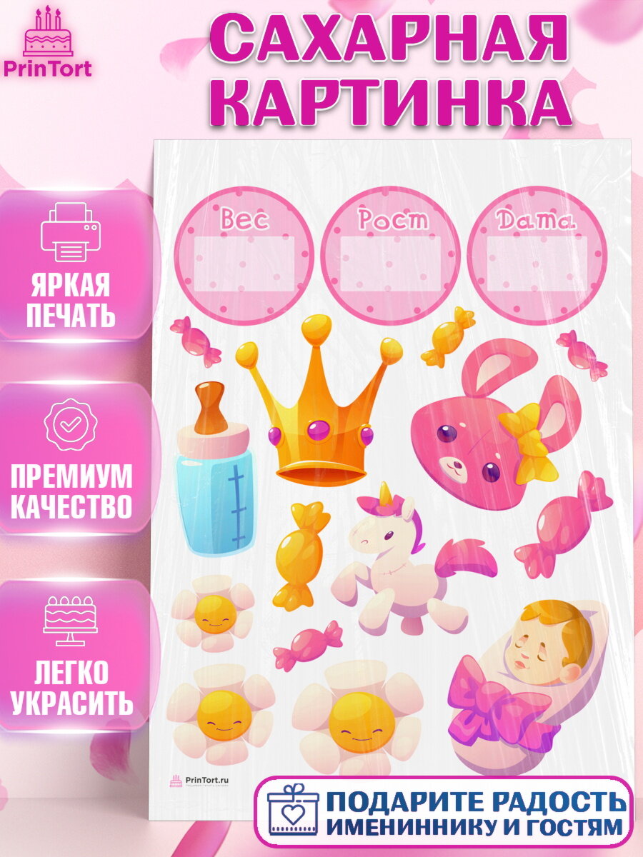 Сахарная картинка для торта Метрика. Украшения для торта девочке на Рождение ребенка. Декор для выпечки PrinTort
