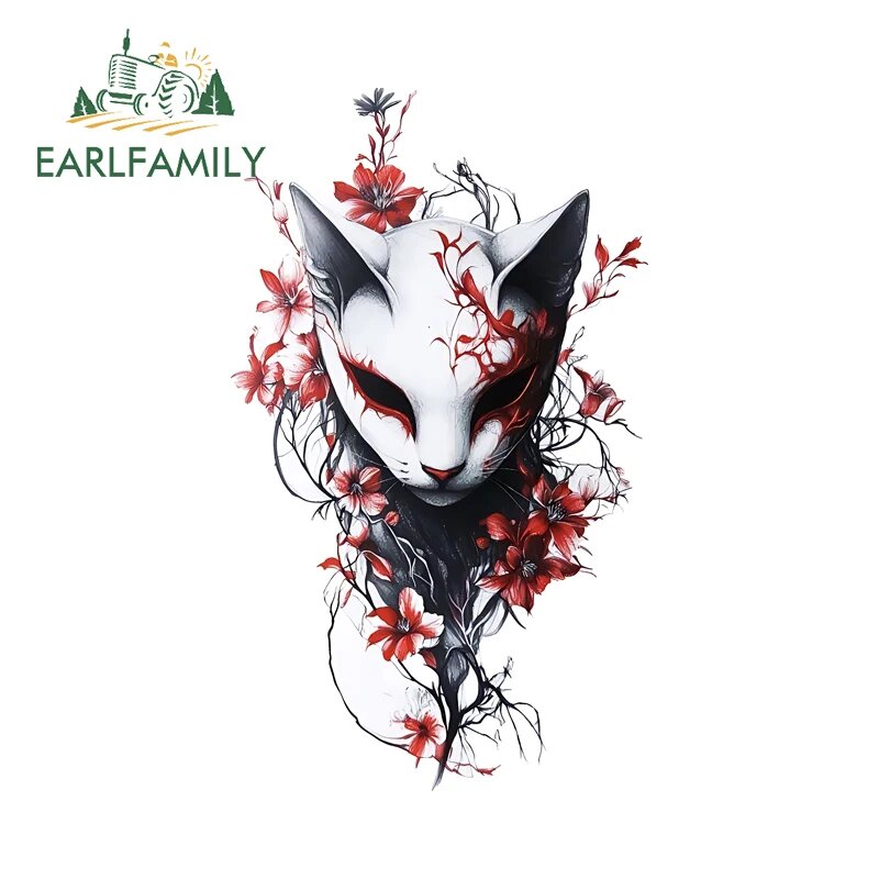 EARLFAMILY японская маска лисы с цветами, автомобильные наклейки, художественная крышка топливного бака, наклейки на лобовое стекло, винтажные водонепроницаемые автомобильные аксессуары