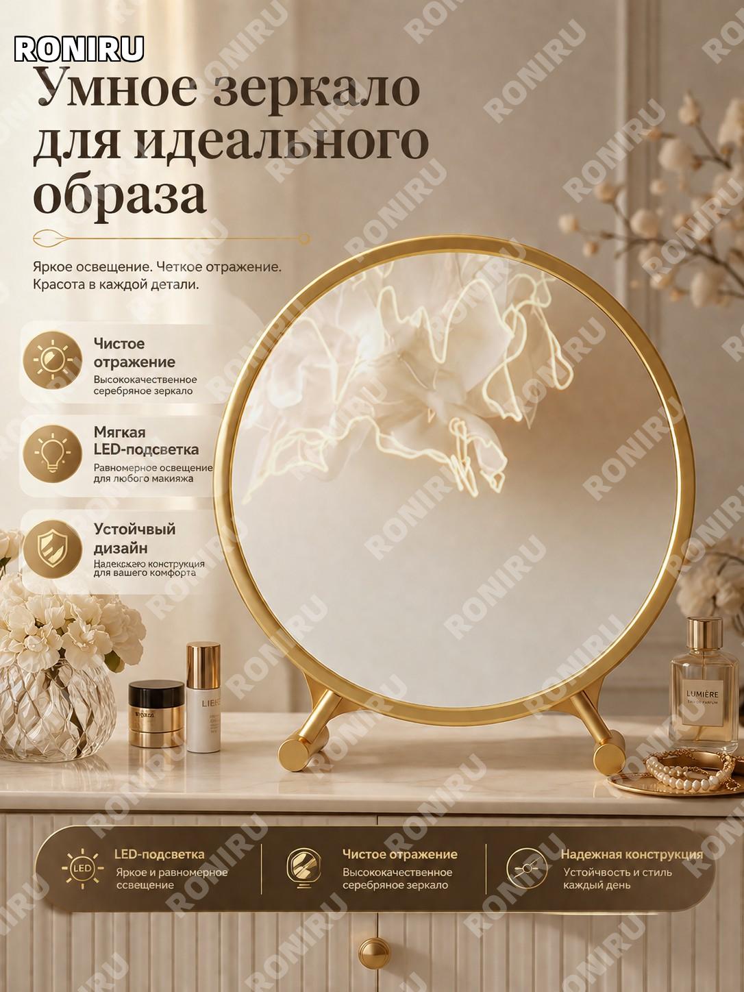 Настольное LED зеркало с подсветкой для макияжа 40 см золотое, стандартная модель, серебряное зеркало HD для дома