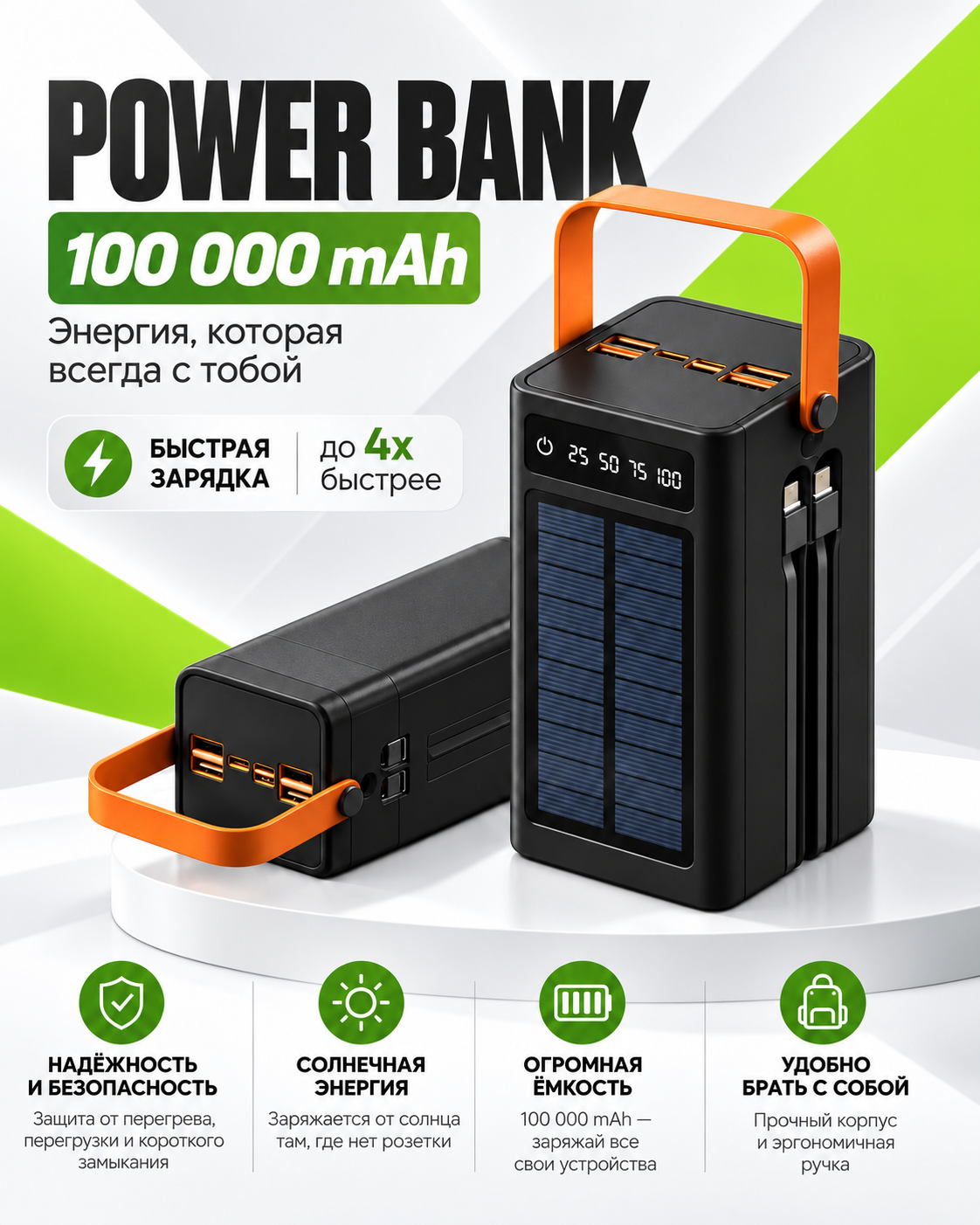 Повербанк 80 000 мАч с 4-мя разъёмами USB и быстрой зарядкой, PowerBank 120000 mAh