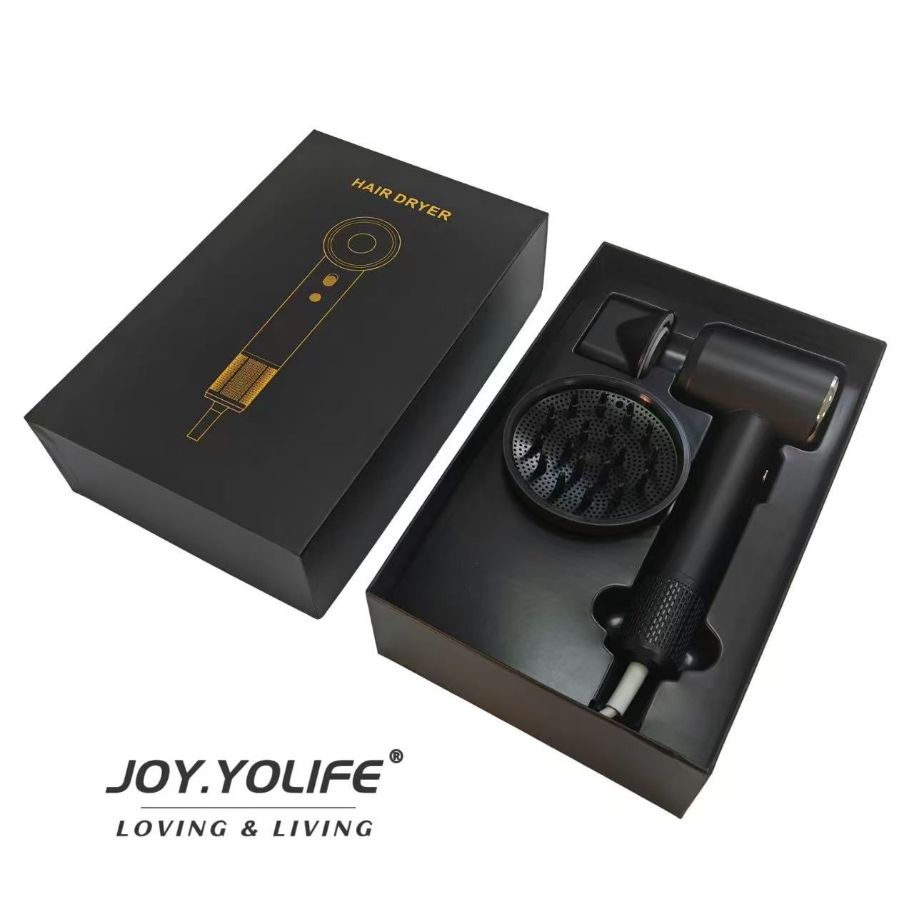 Фен для волос мощный 1600 Вт JOY.YOLIFE LOVING & LIVING быстрая сушка, легкий и бесшумный, 3 скорости/4 режима температуры, холодный воздух, насадка концентратор и диффузор
